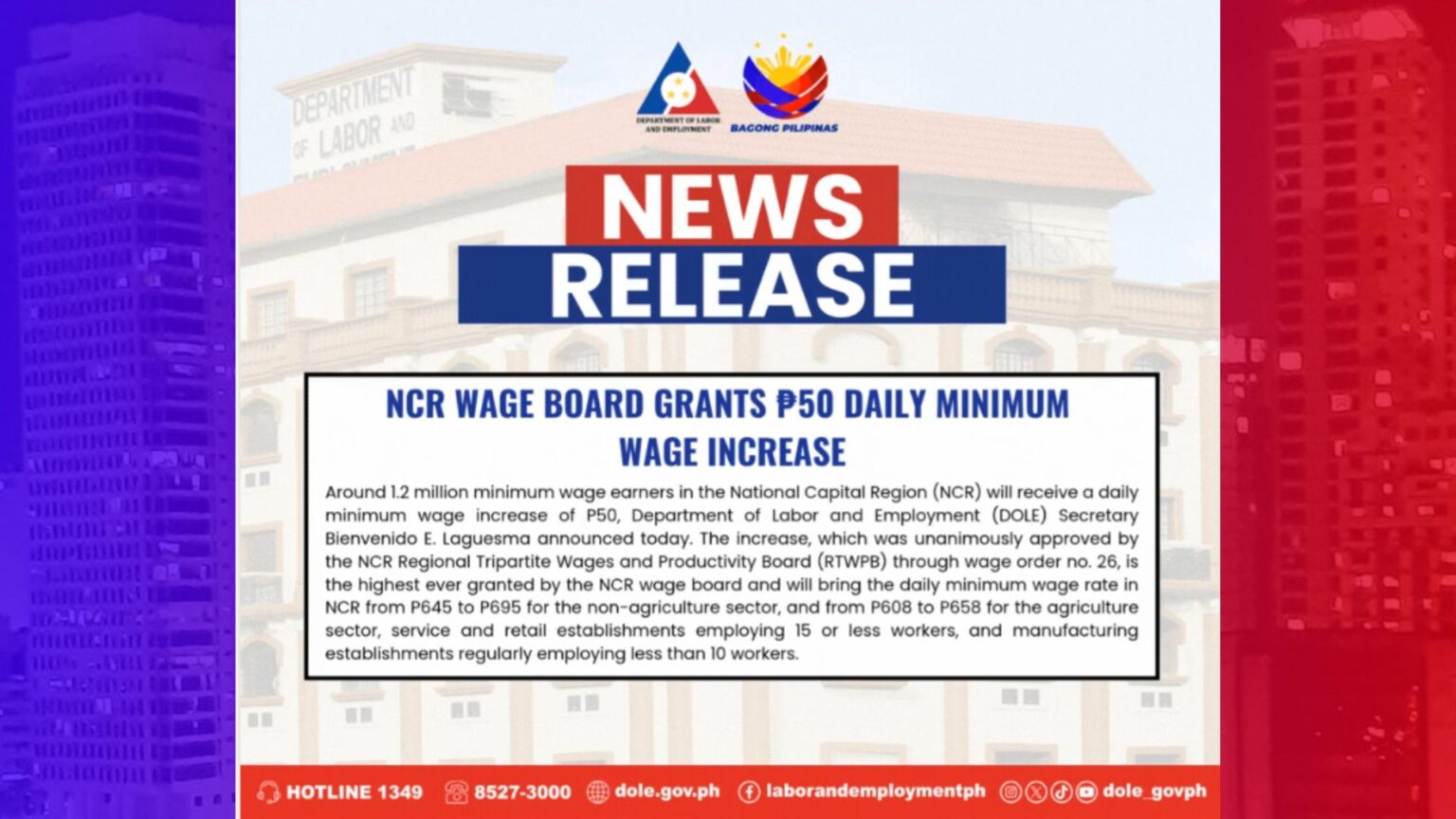BREAKING: Dagdag na P50 sa minimum wage sa NCR aprubado na ayon sa DOLE ...